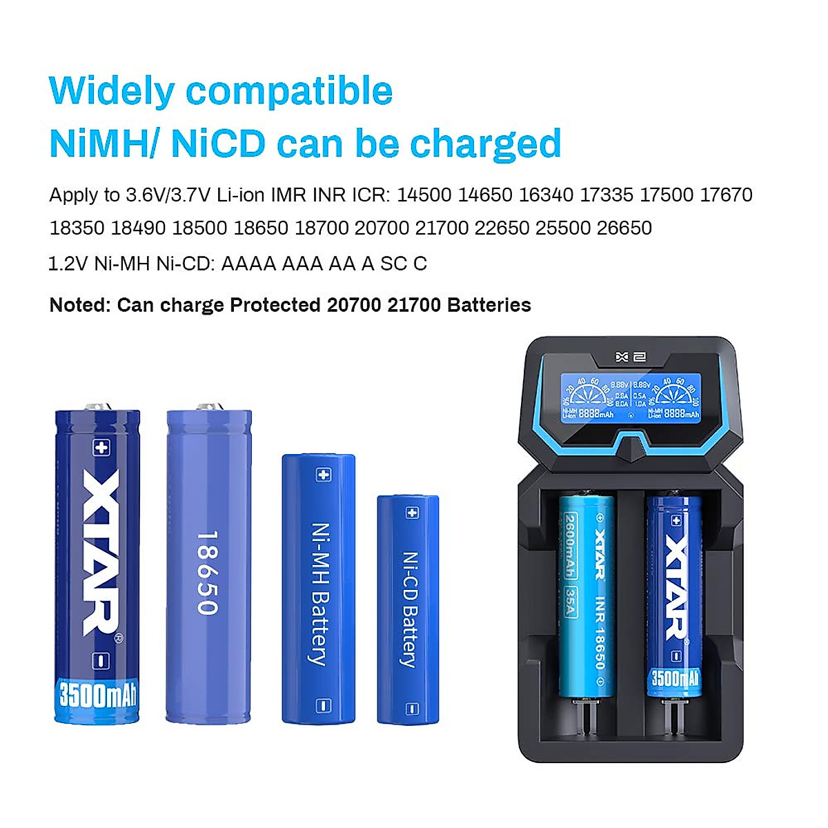 XTAR New X2 Extended Version 18650 Charger Protected 21700 18650 Battery and Charger Max 2A Charging Current w LCD Display 3.7V Battery Charger for 18350 26650 1.2V Ni-MH/ Ni-CD AC and Mirco USB Ports