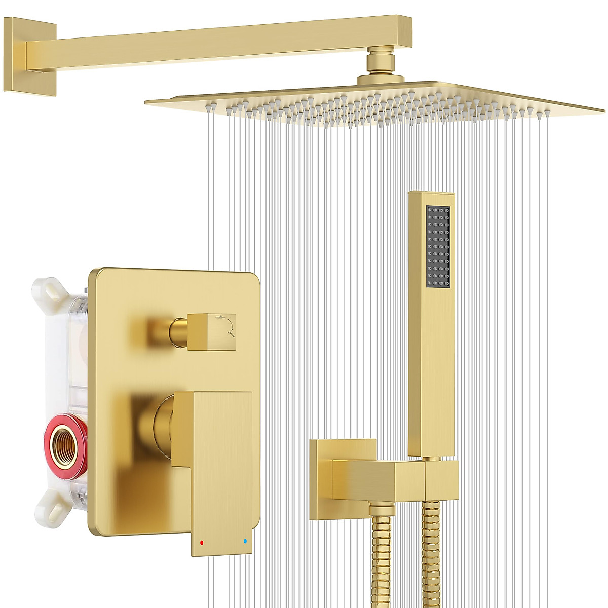 ESNBIA Gold Shower Head, Rainfall Shower System with 10 Inches Rain Shower Head, All Metal Shower Faucet Set with Shower Valve, Wall Mounted Shower Fixtures, Brushed Gold