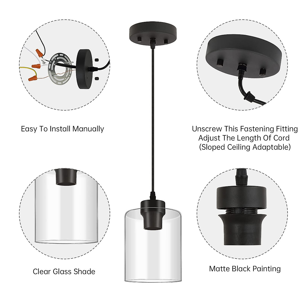 BoostArea Modern Pendant Light Fixtures, Industrial Hanging Ceiling Lamp with Clear Glass Shade, Farmhouse Black Pendant Lighting for Kitchen Island Decor Living Room Hallway Bedroom Dining Hall Bar