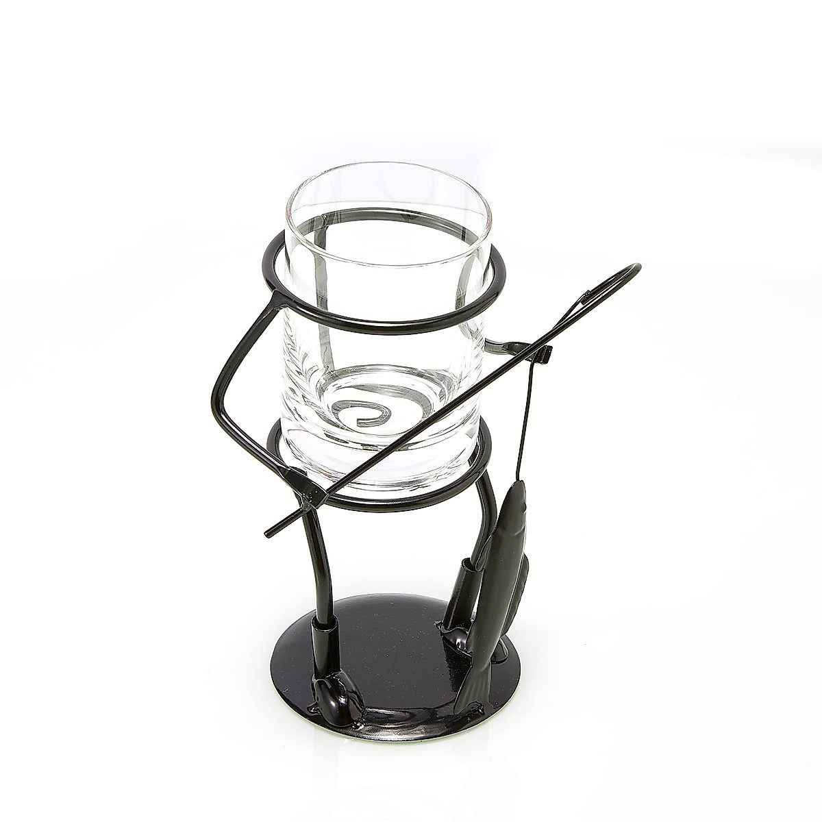 Fisherman Fishing Whiskey, Wine & Water Glass - Glass & Metal Cup Holder- Hook & Line Whiskey, Scotch, Liquor Cup Holder, Holds Cup, Great Gift for Fishing Enthusiasts, Boaters, Fathers, Sons