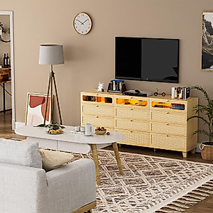 Yeyawomy Rattan Dresser for Bedroom with 12 Drawer, Wooden Tall Bedroom Long Dresser, Chest of Drawers with Metal Handle & Solid Wood Legs for Bedroom/Living Room,Nature