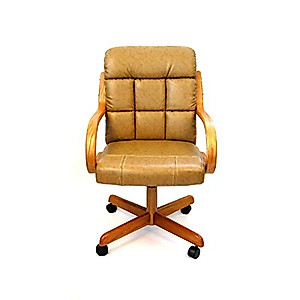 Caster Chair Company Casual Rolling Caster Dining Chair with Swivel Tilt in Honey Oak Wood with Buff Bonded Leatherette Seat and Back (1 Chair)