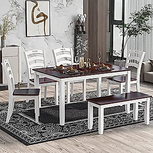 Merax Dining Table Sets, 6 Piece Wood Kitchen Table Set, Home Furniture Table Set with Chairs & Bench (White + Cherry)