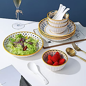 Binvertaocier 12-Piece Porcelain 27 Oz Plates and Bowls Sets for 4 with Spoons,Ceramic Dinnerware Set of 4,8 Inch Pasta Bowls Set for 4,Salad Plates,Pasta Plates Dinner Bowls,Gifts for Housewarming