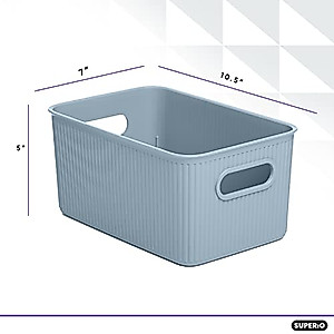 Superio Decorative Plastic Open Home Storage Bins Organizer Baskets, Medium Blue (2 Pack) Container Boxes for Organizing Closet Shelves Drawer Shelf - Ribbed Collection 5 Liter
