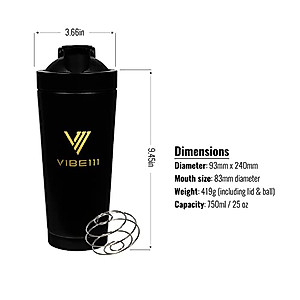 Vibe111 Protein Shaker with Funnel- 25OZ Stainless Steel Shaker Bottle with Portable Protein Funnel to Go | Insulated Shaker Bottles with Protein Powder Container Keychain and Blending Ball (Black)