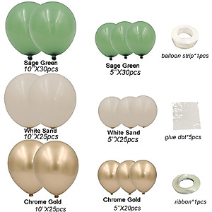 Sage Green White Sand Gold Balloons Garland Arch Kit 155pcs Sage Green Sand White Chrome Gold Balloons for Baby Shower Bridal Shower Birthday Engagement Party Decorations