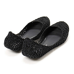 mini melissa Campana Papel Flats for Kids - Comfortable & Cute Closed-Toe Jelly Flat Shoes with Interwoven Cut-Out Design for Girls, Black Glitter, 13