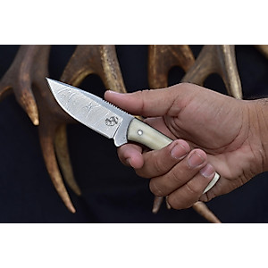Knives Ranch Fixed Blade Hunting Knife - Full Tang EDC Knife - Damascus Skinning Knife - Bone Handle and Heavy Duty Horizontal Carry Sheath Snug Fit (4402-B)