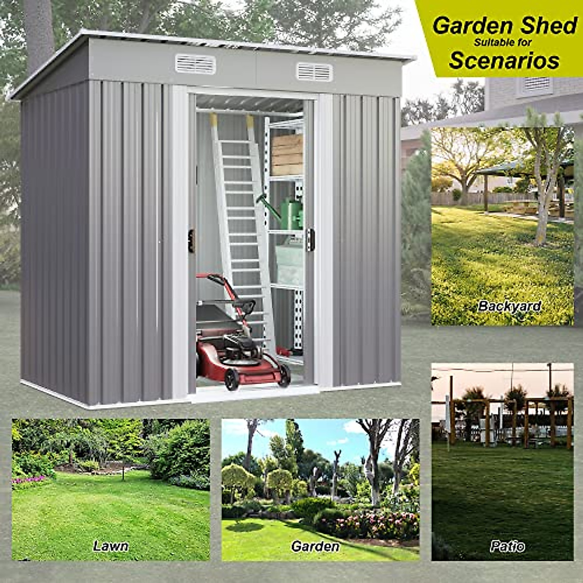 Evedy Sheds & Outdoor Storage, 6'x 6' FT Outdoor Metal Storage Shed, Sliding Doors and Window, Sun Protection, Waterproof Tool Storage Shed for Backyard, Patio, Lawn (Wood Grain & Coffee)