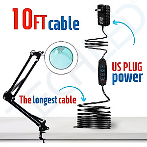TECHLED Magnifying Glass with Light and Stand, Desk Ring Light, 3 Color Modes Stepless Dimmable, Desk Lamp, Clamp Light, Office Desk Lamp for Close Work, Repair, Reading, 12w, Adjustable Desk Lamp