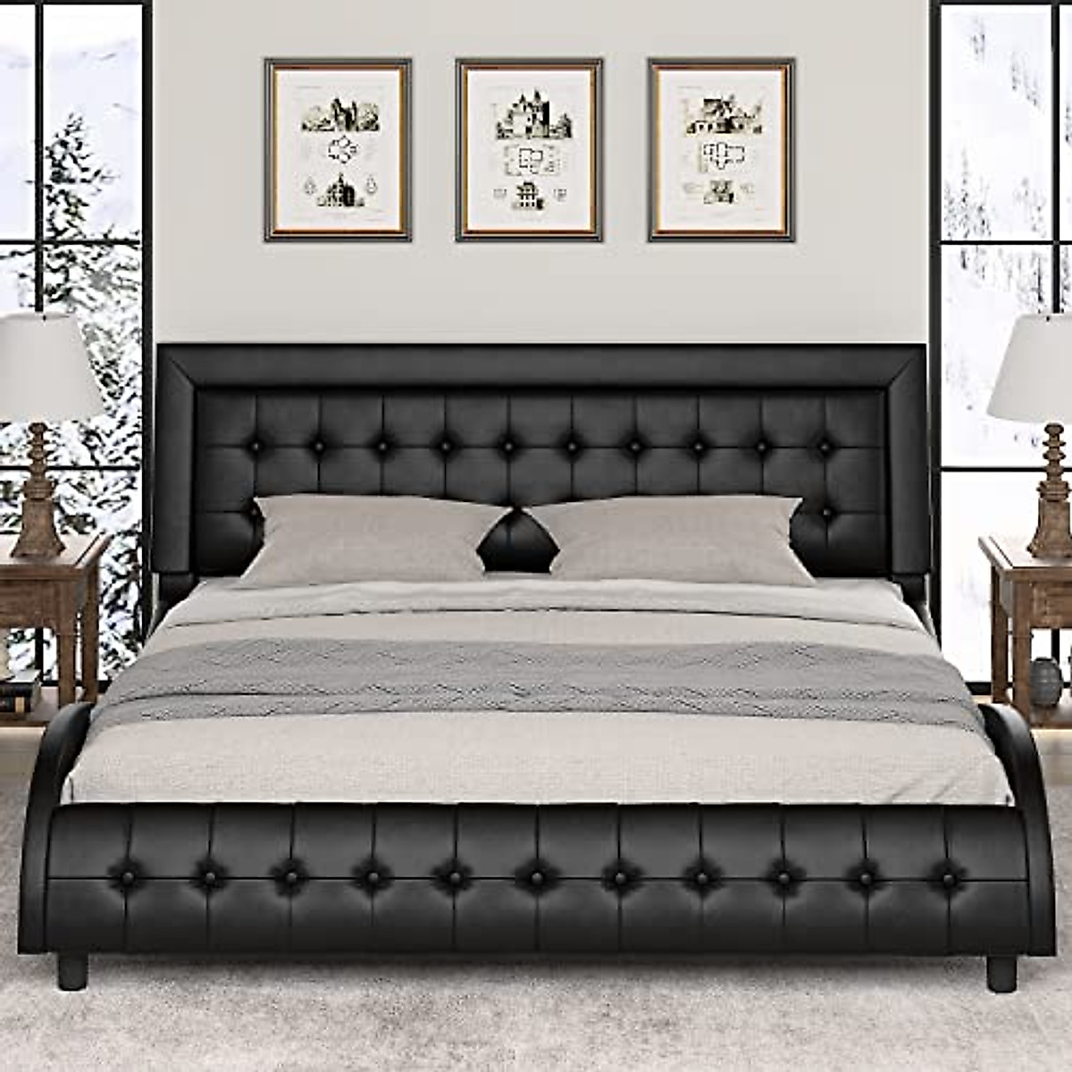 HOOMIC King Size Platform Bed Frame with Adjustable Headboard, Upholstered Bed, Mattress Foundation, Wood Slat Support, No Box Spring Needed, Easy Assembly, Black