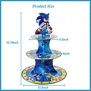 Hedgehog Themed Cupcake Stand 3 Tier, Blue Hedgehog Cake Stand for Boy Kids Birthday Party, Baby Shower, Gender Reveal Party, The Hedgehog Themed Boys Party Supplies