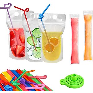 Ucio 100 Pcs Drink Pouches with 100 Straws, Juice Pouches with 30Pcs Disposable Freezable Ice Popsicle Mold Bags, Drink Pouches for Adults and Kids, Clear Pouch for Cold & Hot Drinks (100Pcs)