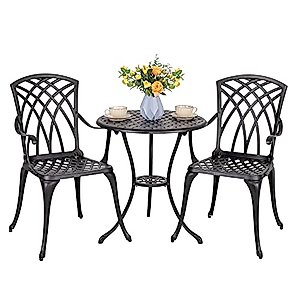 NUU GARDEN Patio Bistro Sets 3 Piece Cast Aluminum Bistro Table and Chairs Set with Umbrella Hole Bistro Set of 2 for Patio Backyard, Black
