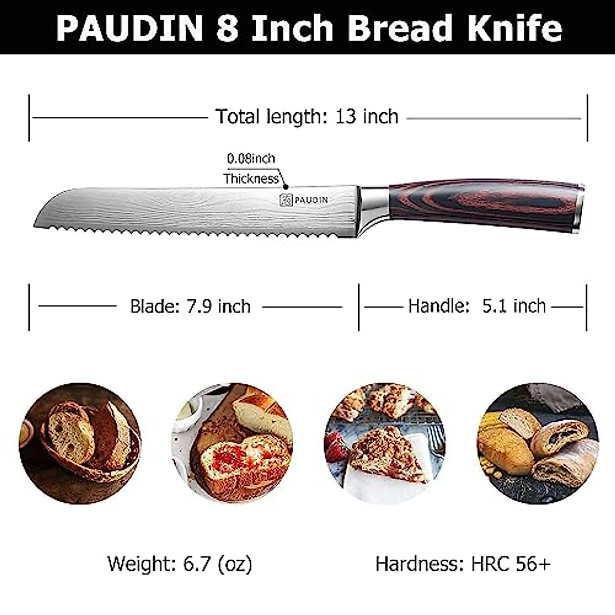 PAUDIN Bread Knife 8 inch, Ultra Sharp Serrated Knife, German High Carbon Stainless Steel, Bread Cutting Knife, Professional Grade Serrated Bread Knife, with Ergonomic Handle and Gift Box