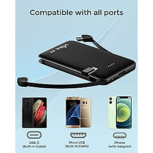 Vida IT Compact Power Bank Portable Charger for Samsung Galaxy S21 S20 S10 S7 Edge Google Pixel 6 6A 5 4 4A Motorola LG Android Cell Phone USB-C External Battery Pack 5000mAh with Built-in Cable