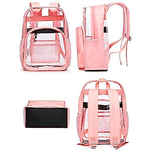 BLUEFAIRY Clear Backpack for School Stadium Approved Large PVC See Through Bag Heavy Duty Bookbag Transparent Plastic Bag for Kids Students Work Events 17" Pink