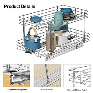 Lxmons 2 Tier Pull-Out Cabinet Organizer, 14" W x 21" D Kitchen Under Sink Organizer, Slide Out Home Spice Rack Storage for Pots and Cans, Drawer Pantry Shelf Organization for Bathroom Base, Chrome