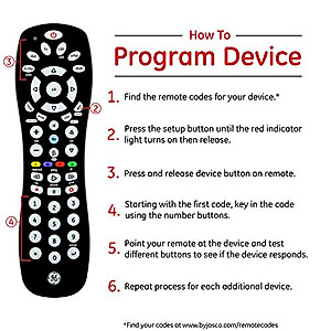 GE Universal Remote Control for Samsung, Vizio, Lg, Sony, Sharp, Roku, Apple TV, TCL, Panasonic, Smart TVs, Streaming Players, Blu-Ray, DVD, 6-Device, Black, 34459
