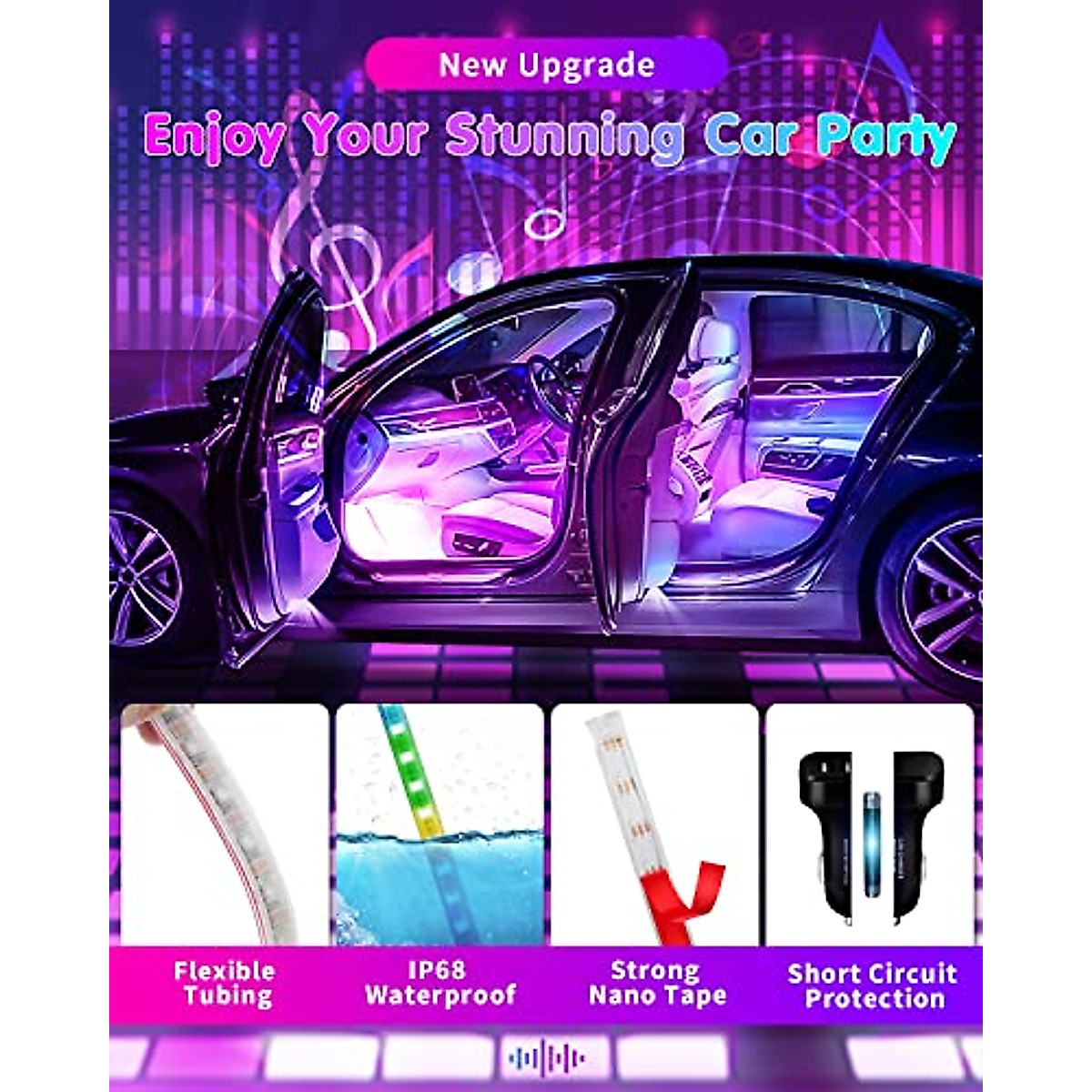 RGB Interior Car Strip Lights with Smart APP Control, Music Sync Under Dash Footwell Neon Internal Lighting Kit Multicolor,12V LED Strip Lights for Cars, Trucks, SUVs with Car Charger(1 Set)