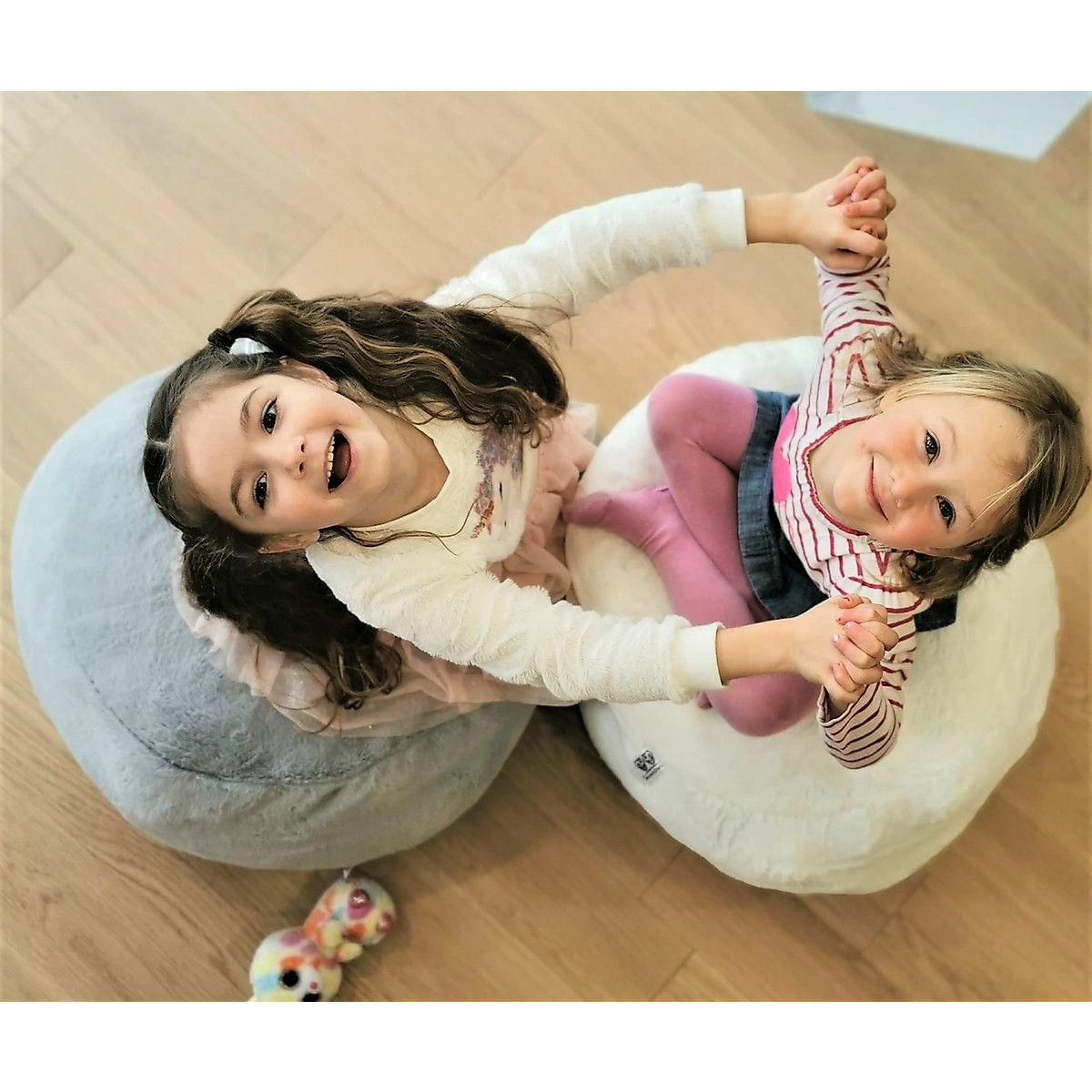 MiniOwls Plush Toy Storage Bean Bag (Unfilled) – Light Bunny Gray Faux Furry Ottoman – Sensory Soft Teddy Bear Organizer with a Zipper. Pouf 20x20x15 inch. (Light Grey, Medium)