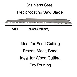 9" Stainless Steel Reciprocating Saw Blades for Food Cutting - 5TPI Big Teeth Stainless Steel Reciprocating Saw Blades Multi Cutting for Frozen Meat, Beef, Turkey, Bone, Wood, Pruning (5 Pack)