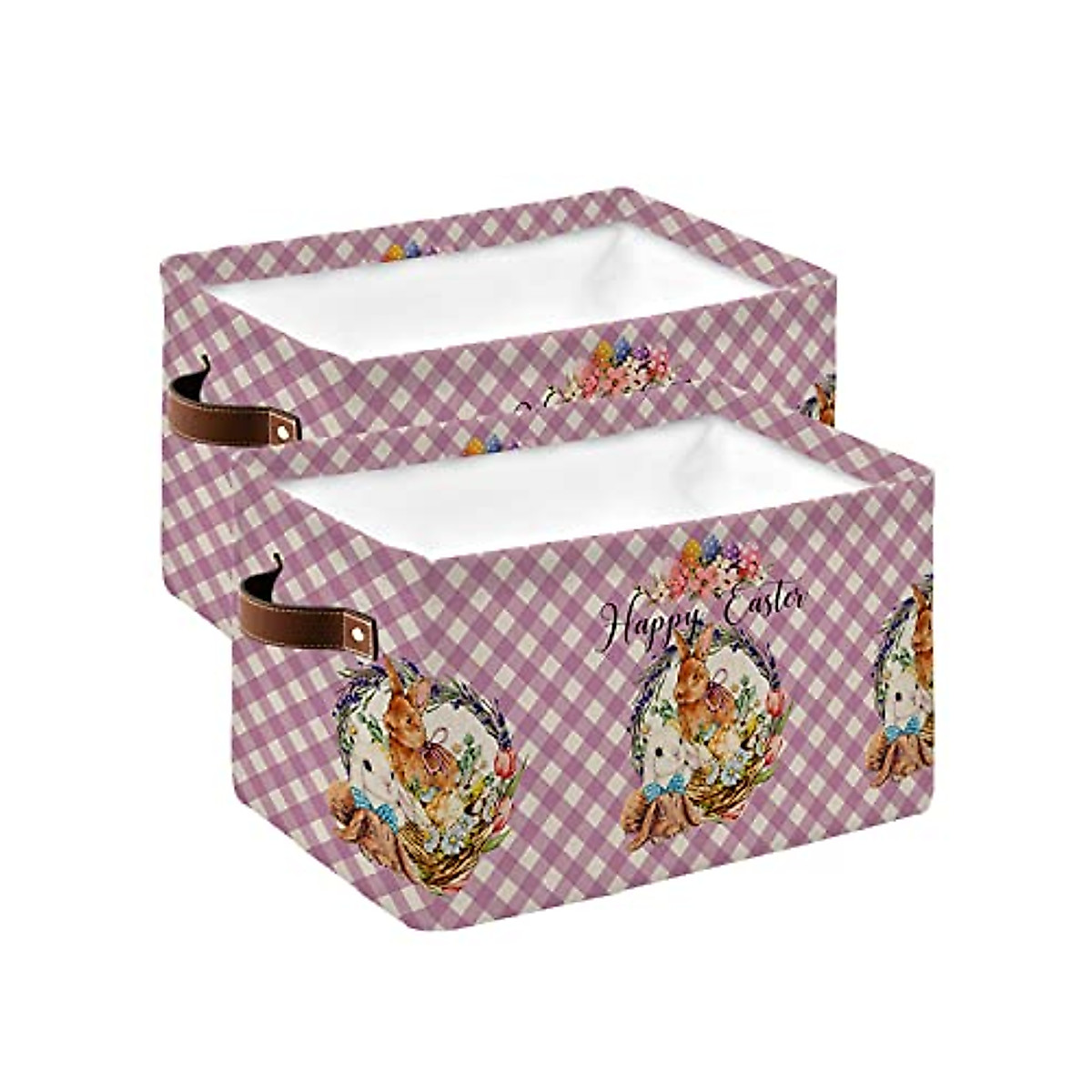 Happy Easter Storage Bins 2 Pack, Large Waterproof Storage Baskets for Shelves Closet, Purple Plaid Bunny Spring Floral Wreath Storage Basket Foldable Storage Box Cube Storage Organizer with Handles