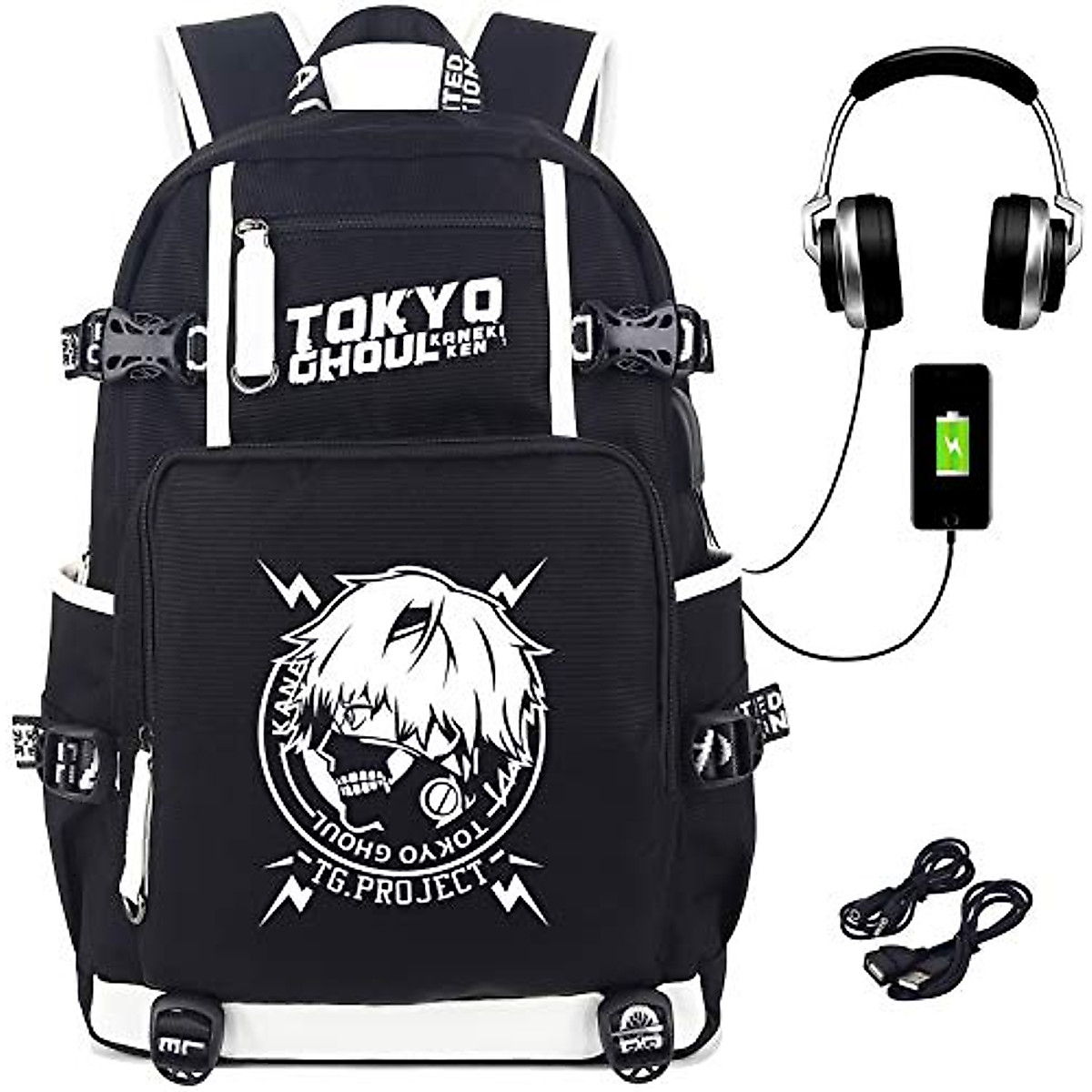 Roffatide Anime Tokyo Ghoul Laptop Backpack Printed Luminous Schoolbag Rucksack with USB Charging Port & Headphone Port Black