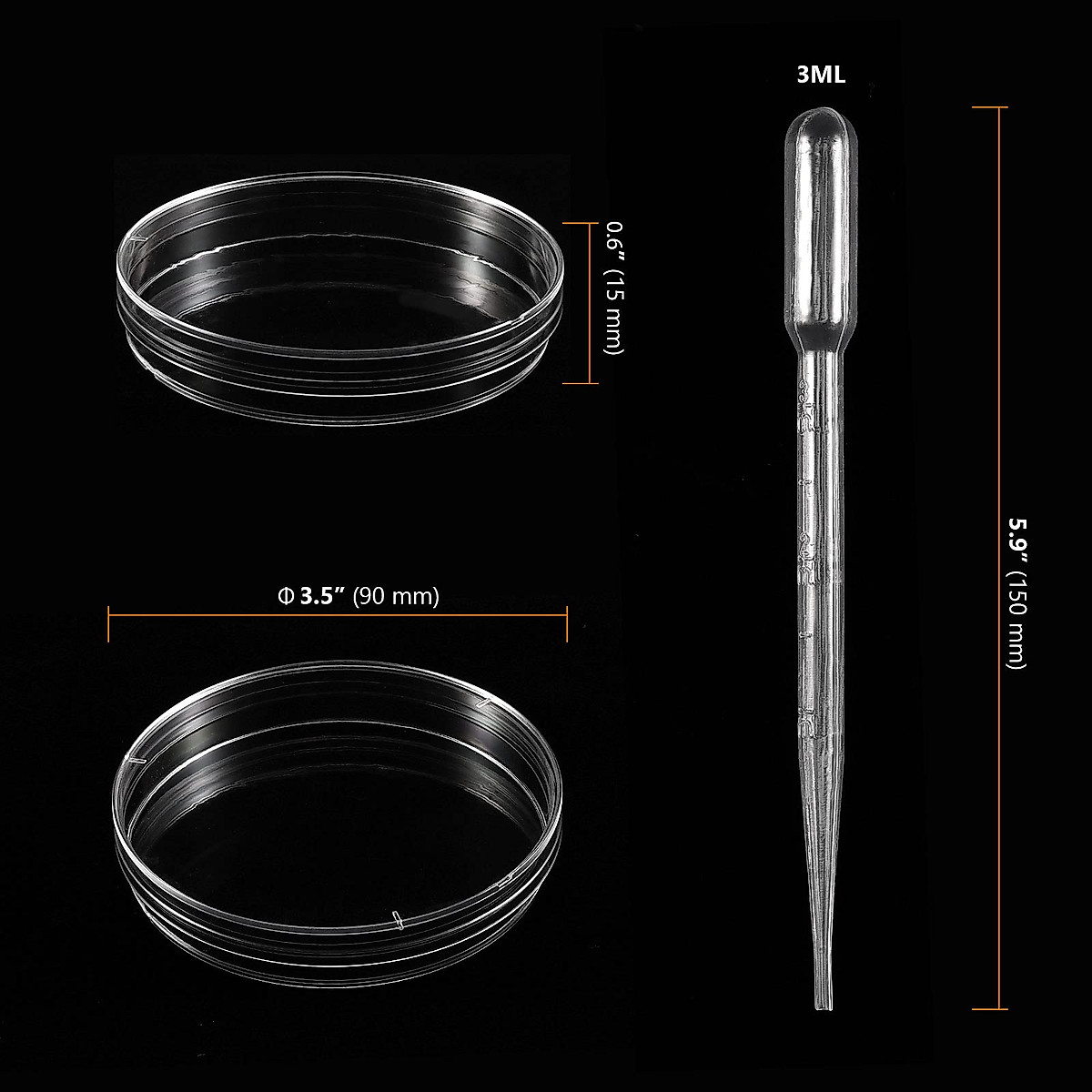 SEUNMUK 80 Pack Dia 90mm x 15mm Plastic Petri Dishes with Lid, Sterile Petri Dishes, Lab Petri Dishes with 200 PCS 3ml Transfer Pipettes for School and Laboratories