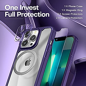 TAURI for iPhone 13 Pro Max Case, [5 in 1] 1X Clear Case [Not-Yellowing] with 2X Tempered Glass Screen Protector + 2X Camera Lens Protector, [Military-Grade Drop Protection] Case 6.7 Inch Dark Purple