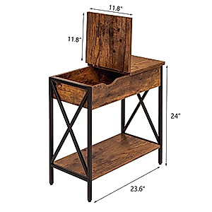 WEENFON Narrow End Table, 2 Tiers Flip Top Sofa Side Table, Nightstand with X-Shaped Metal Legs, Rustic Brown and Black