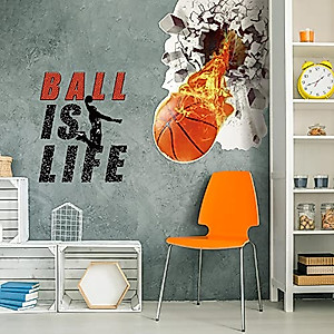 Basketball Wall Decal 3D Self Adhesive Removable Break Through The Wall Vinyl Wall Stickers Ball is Life Wall Decal Dunk Silhouette Stickers Basketball Room Decor for Boys Bedroom, 18 x 38 Inch