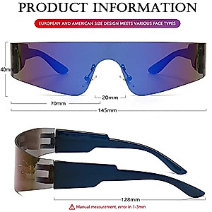 AIEYEZO Modern Fashion Rimless Futuristic Wrap Around Sunglasses Women Men Cyberpunk Visor Sun Glasses Trendy Future Shades (Black/Blue Mirrored)