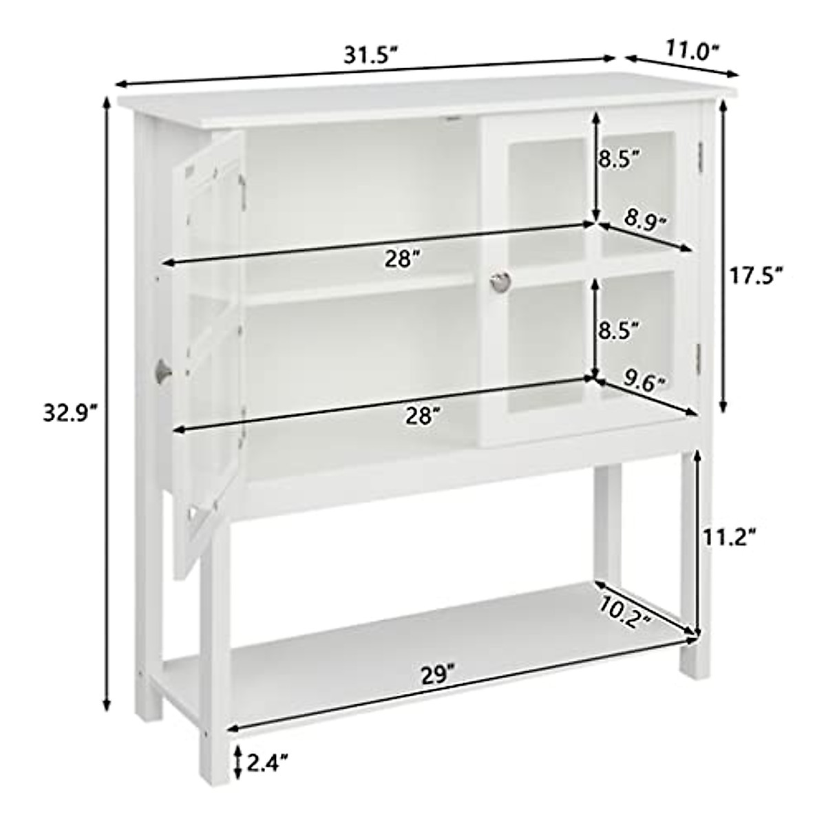 SEASD MDF CNC Painted Sideboard FCH 80 * 28 * 83.8cm Transparent Double Door Double Internal Compartment with Bottom Storage Shelf