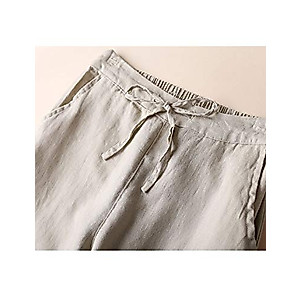 Tanming Women's Casual Linen Elastic Waist Tapered Pants Trousers with Drawstring (Khaki, Large)