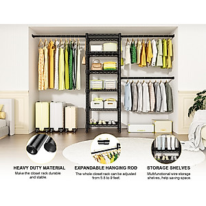 Ulif M5 Wall Mounted Clothes Garment Rack, Heavy Duty Closet Storage and Organizer System with 6 Shelves and 3 Expandable Hanger Rods, Space Saver Suit (46.2-102.4)"W x 14"D x 83.1"H, Black