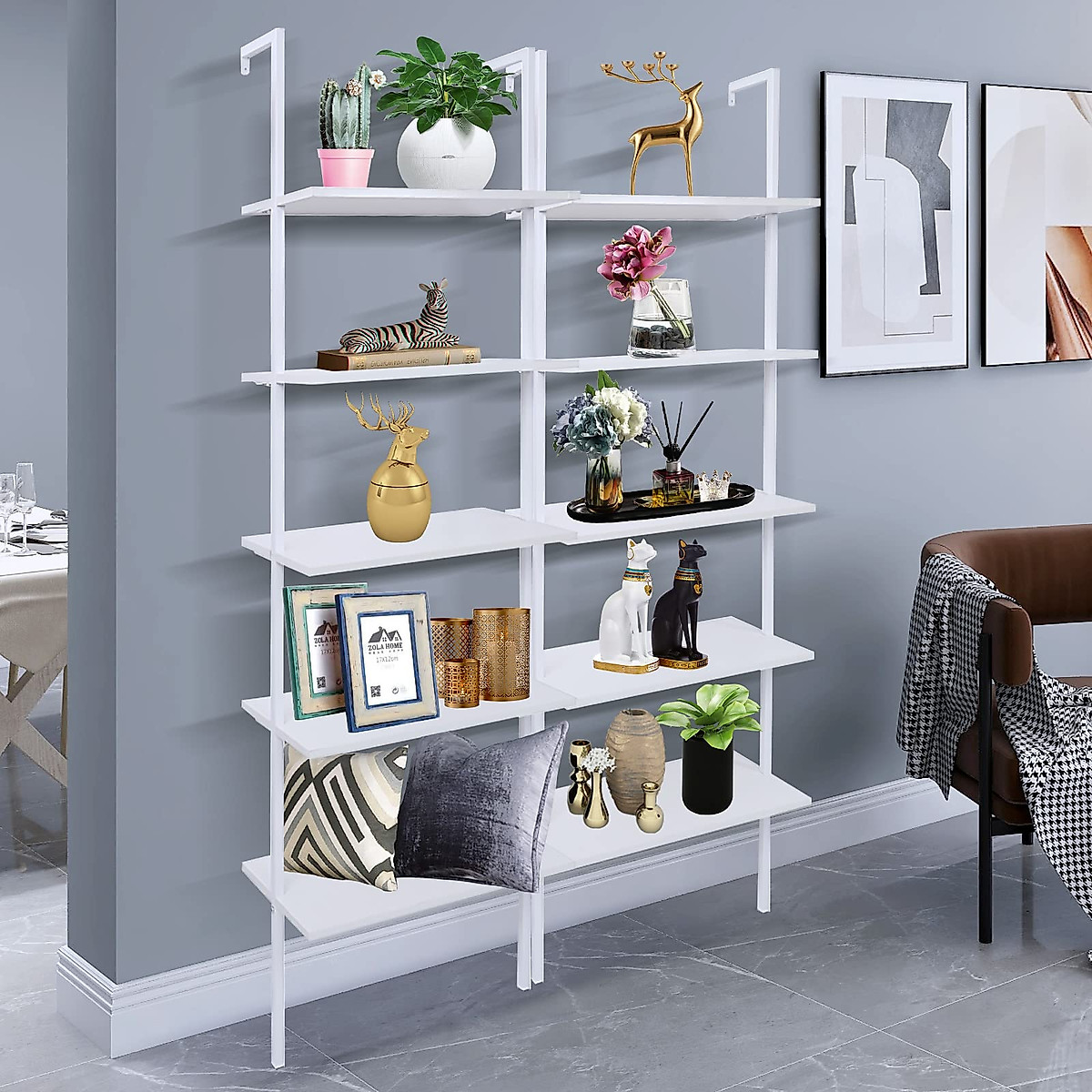 ANTSKU 5 Tier Wall Mounted Ladder Shelf, Ladder Bookshelf with Metal Frame and Wood Shelf, Modern Learning Bookcase for Living Room, Bedroom, Office (23.6" W x 11.8" D x 70.8" H, White)