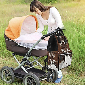 Tri Color Brown Cowhide Print Diaper Bag Backpack, Baby Nappy Storage Travel Bag