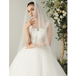 ELAWBTY Womens 1 Tier Fingertip Length Pearl Wedding Bridal Veil With Comb X06 Ivory