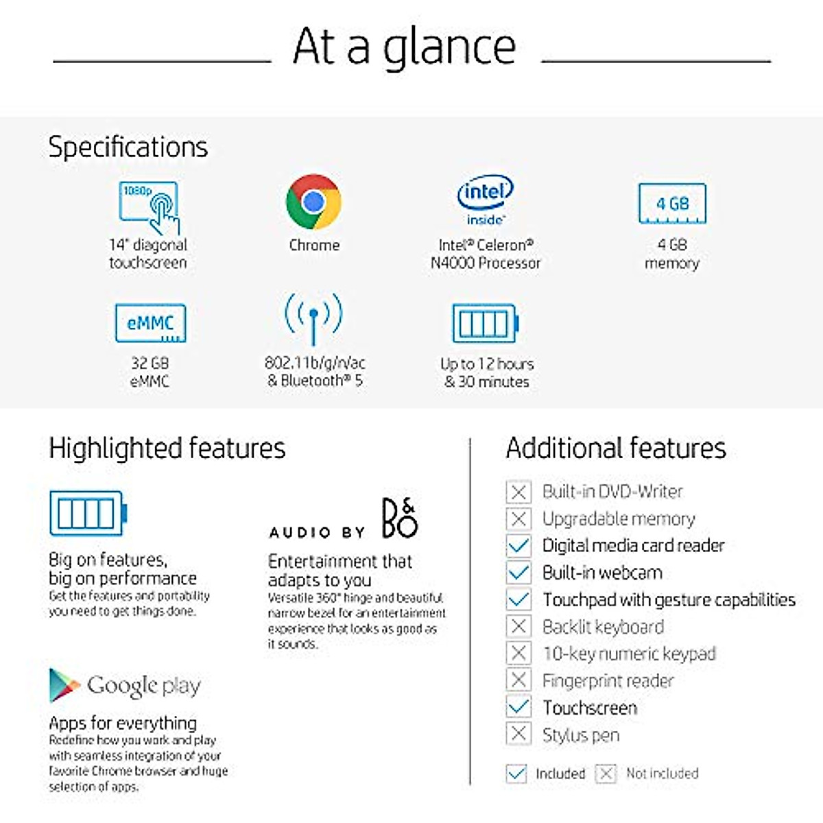 HP Chromebook x360 14-inch HD Touchscreen Laptop, Intel Celeron N4000, 4 GB RAM, 32 GB eMMC, Chrome (14b-ca0010nr, Ceramic White/Mineral Silver)
