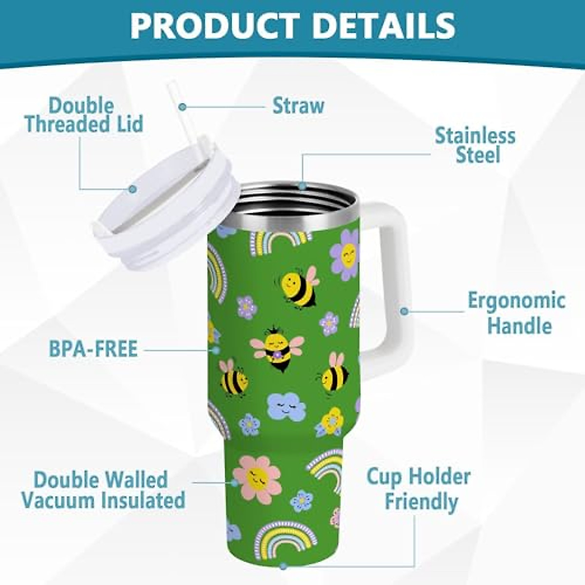 CIJEMAPW Bees Rainbow Insulated Tumblers Clouds Flowers 40 oz Water Bottles Travel Mug with Handle and Straw Lid Leakproof School Work Outdoor for Women & Men