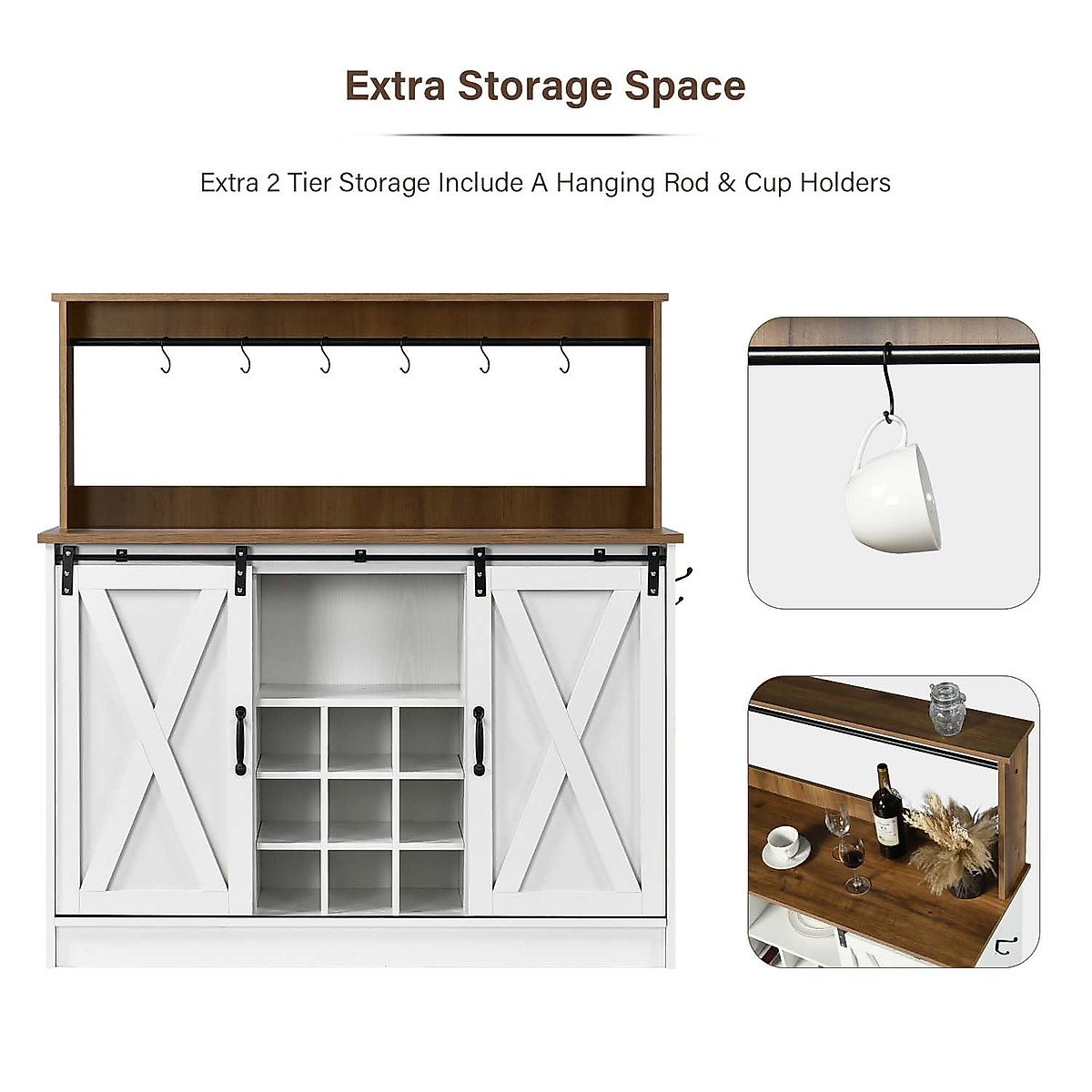 IMMERSTABLE Farmhouse Coffee Kitchen Bar Cabinet with Wine Racks, Coffee Station for Dining Room, White