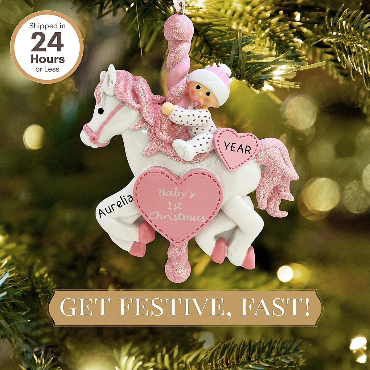 Personalized Babys First Christmas Ornament 2024 Girl – Fast & Free 24h Customization – New Baby Ornament for Tree – Custom Gift Wrapped Pink Baby Carousel 1st Christmas Ornament