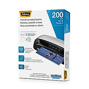 Fellowes Thermal Laminating Pouches, 3mil Letter Size Sheets, 9 x 11.5, 200 Pack, Clear (5743401)
