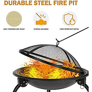Portable Outdoor Fire Pit Bowl, Round Wood Burning Fire Pit with Spark Screen, Fireplace Poker, for Outside Garden Picnic, Black