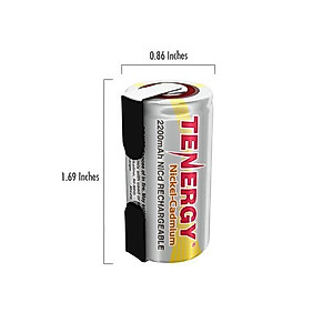 Tenergy 2200mAh Sub C NiCd Battery for Power Tools, 1.2V Flat Top Rechargeable Sub-C Cell Batteries with Tabs, 15-Pack