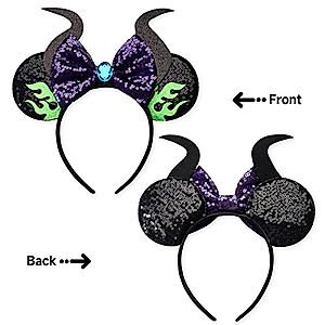 RAZKO Maleficent Horns Minnie Ears Headband, Sequin Halloween Mickey Ears Headband Mouse ears Headband for Women Girls Hair Accessories, Pick Your Color(Flaming Maleficent)