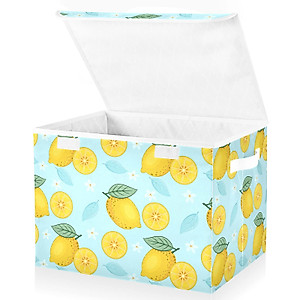 Tatenale Collapsible Storage Bins with Lids Decorative Fabric Storage Cubes Closet Organizer and Storage Basket Boxes Containers for Clothes Box Chest Nursery Folding Rectangle Lemon Light Blue