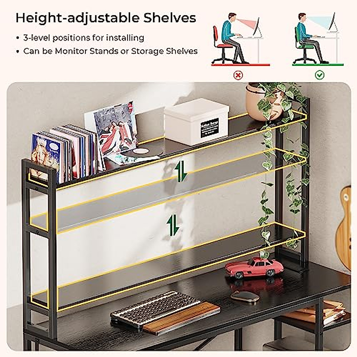 Huuger 55 inch Computer Desk with Adjustable Shelves, Gaming Desk with LED Lights & Power Outlets, Home Office Desk with Monitor Stand, Hooks & CPU Stand, Black